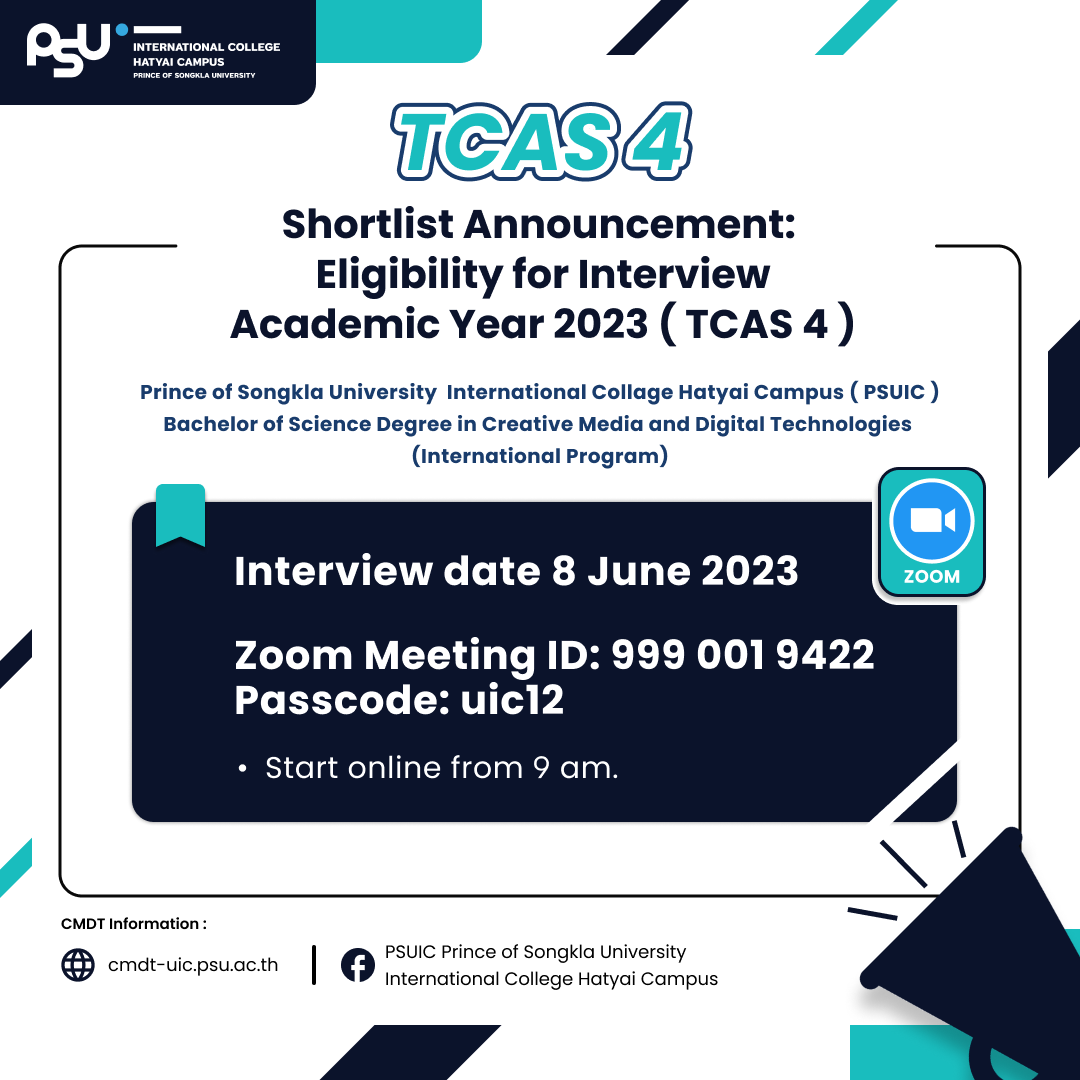 SHORTLIST ANNOUNCEMENT: ELIGIBILITY FOR INTERVIEW ACADEMIC YEAR 2023 ( TCAS 4 ) - PSUIC